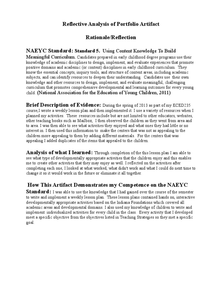 Naeyc Standard 5 Rationale | PDF | Lesson Plan | Curriculum