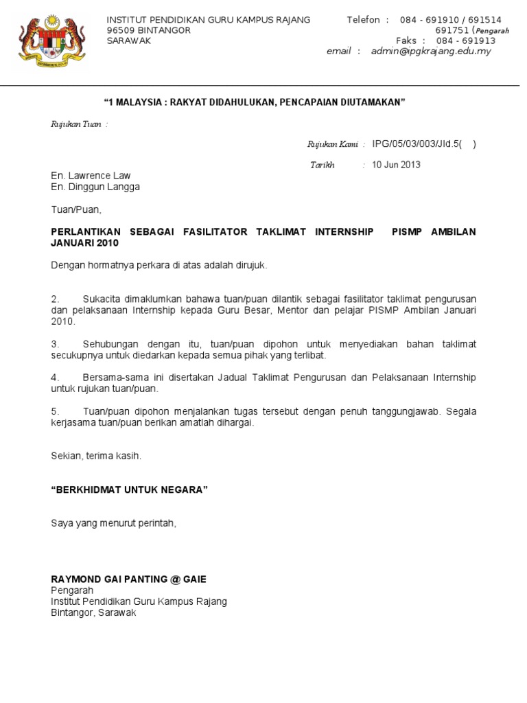 Contoh Surat Perlantikan Fasilitator Taklimat Internship | PDF