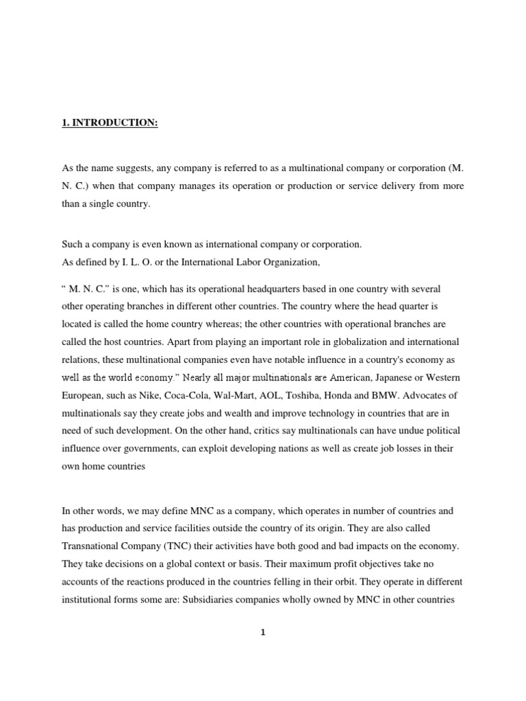 MNC - Project Report | PDF | Multinational Corporation | International ...
