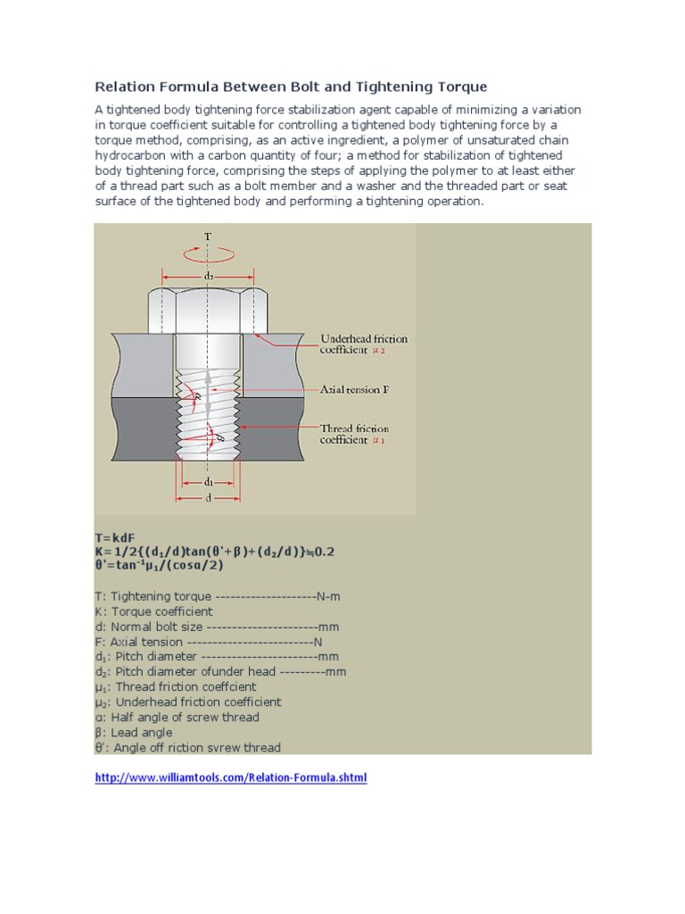 Relation Formula Between Bolt and Tightening Torque | PDF | Screw | Torque