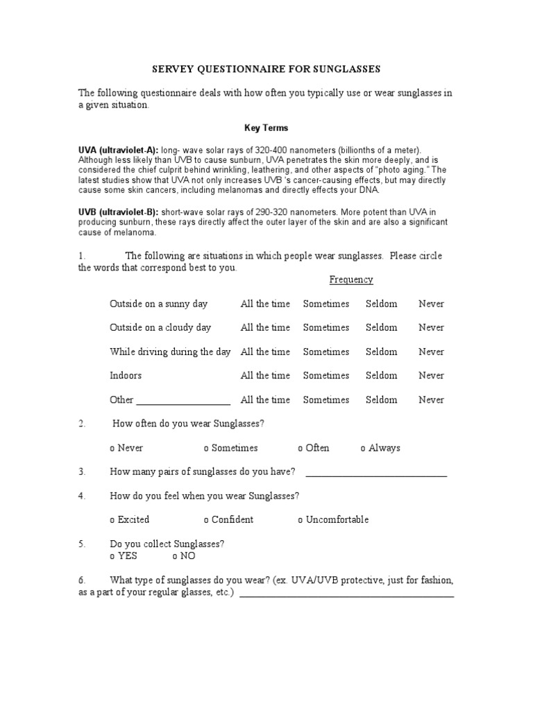 Sunglasses Usage Survey Questionnaire | PDF | Sunglasses | Ultraviolet