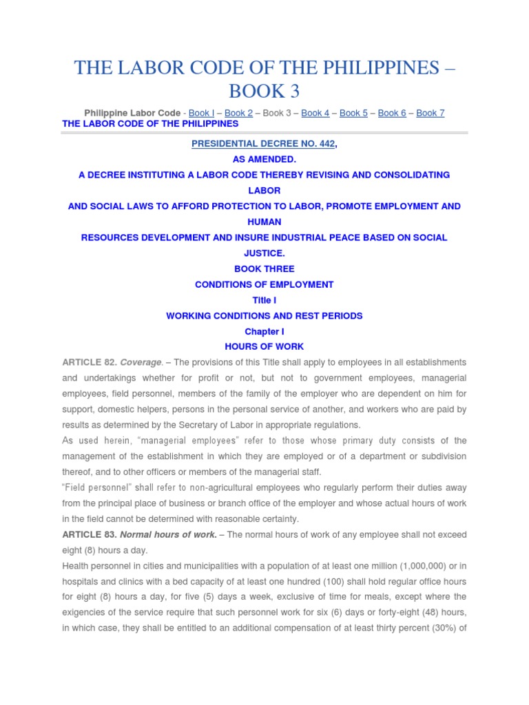 PD No. 442 Labor Code BK 3 | PDF | Overtime | Employment