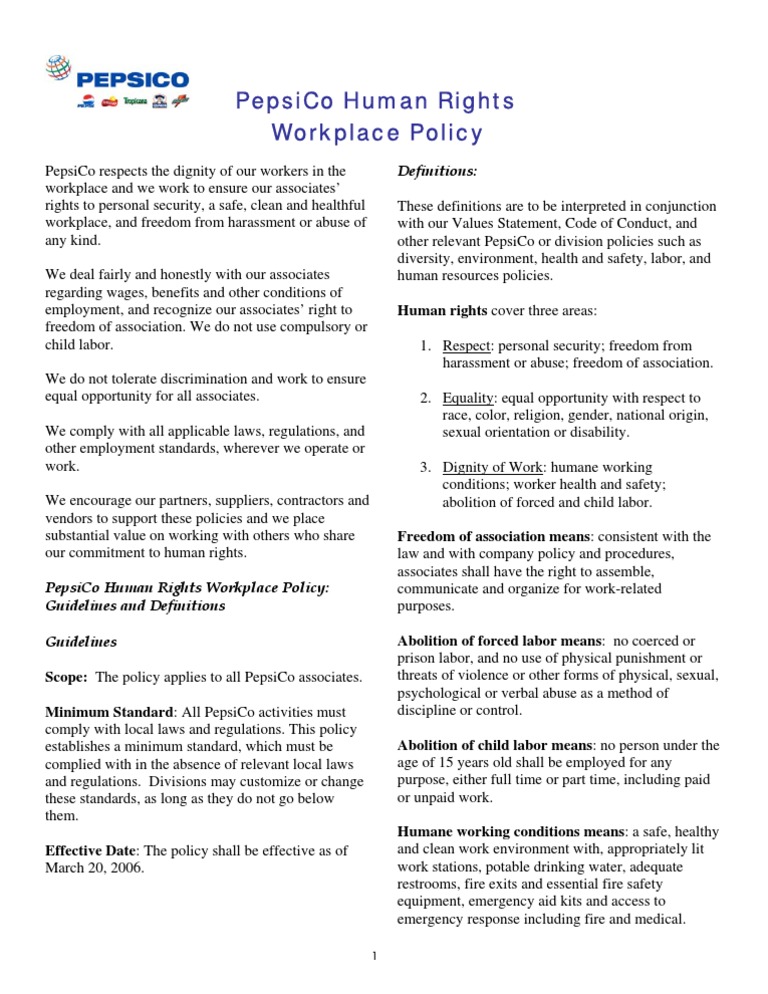Pepsico Human Rights Workplace Policy: Definitions | PDF | Employment ...