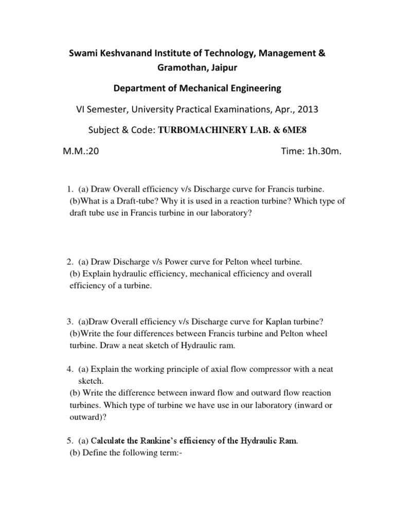 Turbomachinery Lab Exam Guide | PDF | Technology & Engineering