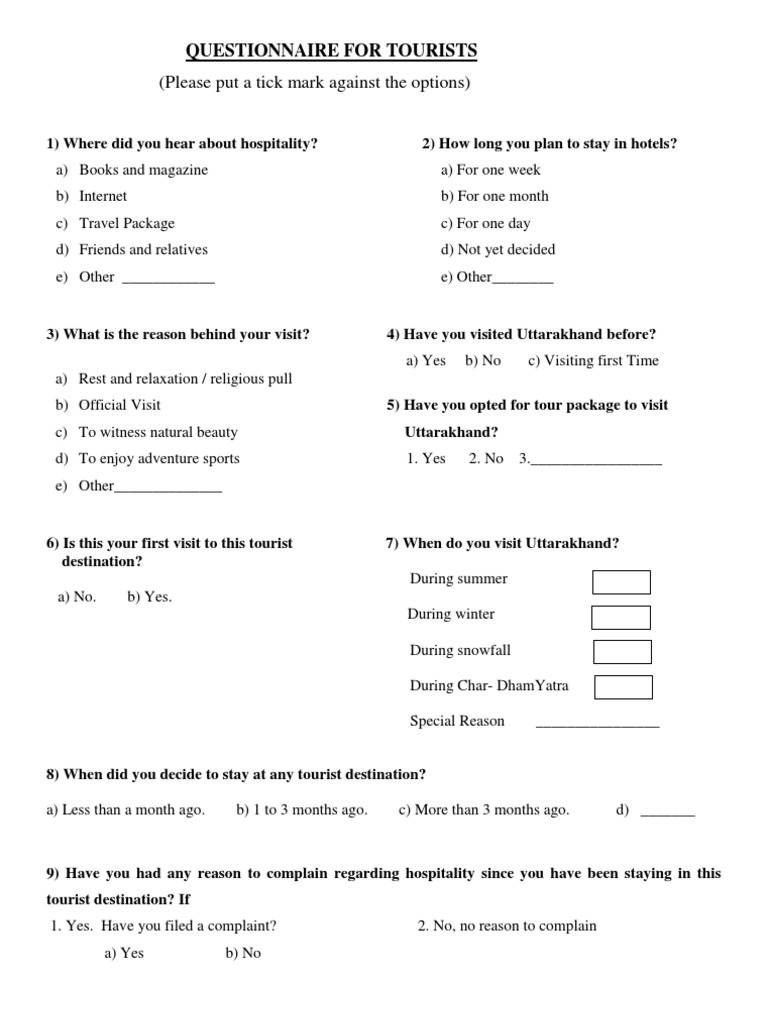 Questionnaire For Tourist | PDF | Tourism | Hotel
