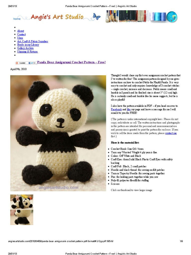 Panda Bear Amigurumi Crochet Pattern - Free! - Angie's Art Studio | PDF | Crochet | Amigurumi