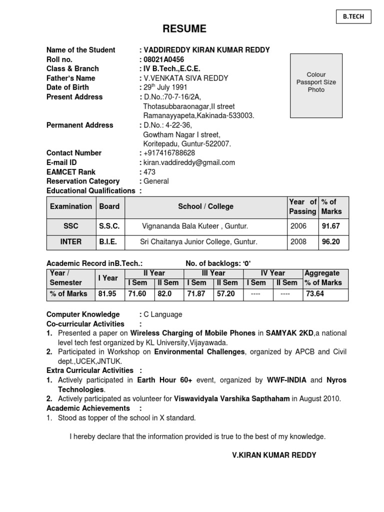 Resume: Colour Passport Size Photo | PDF