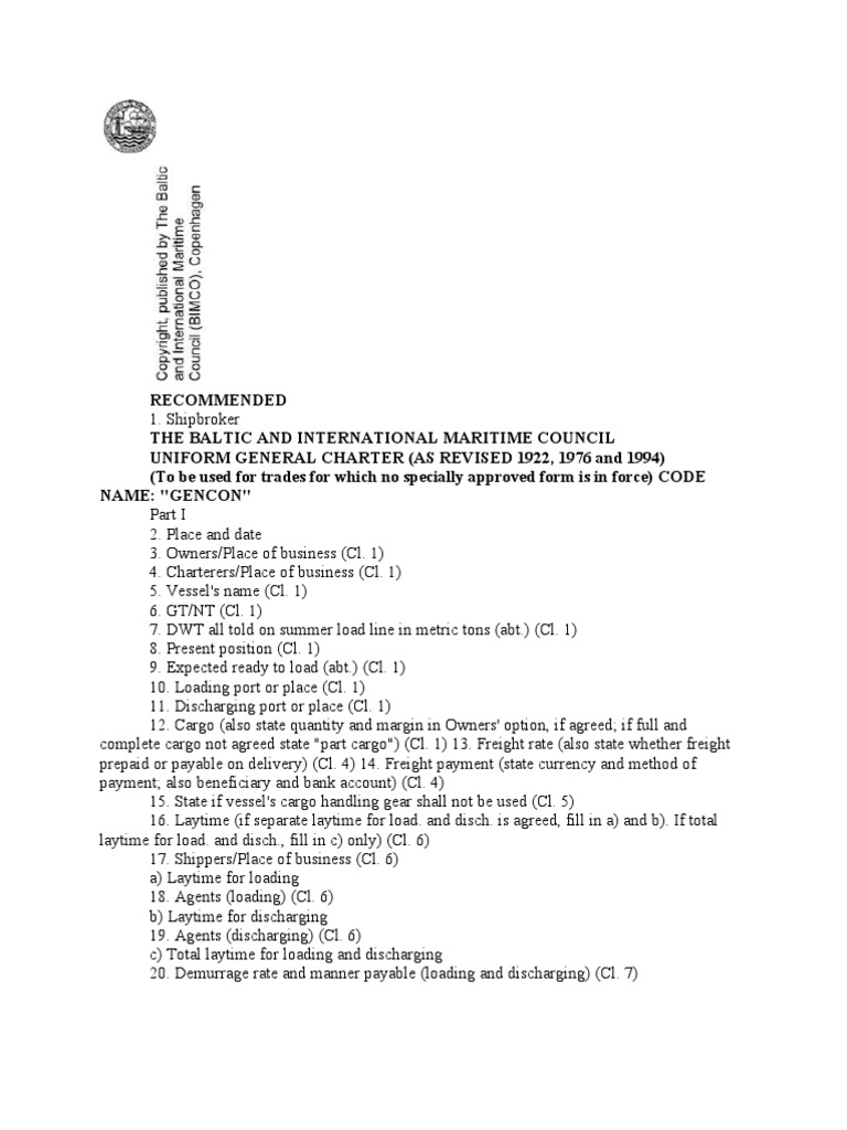 Contract Gencon94 | PDF | Arbitration | Cargo