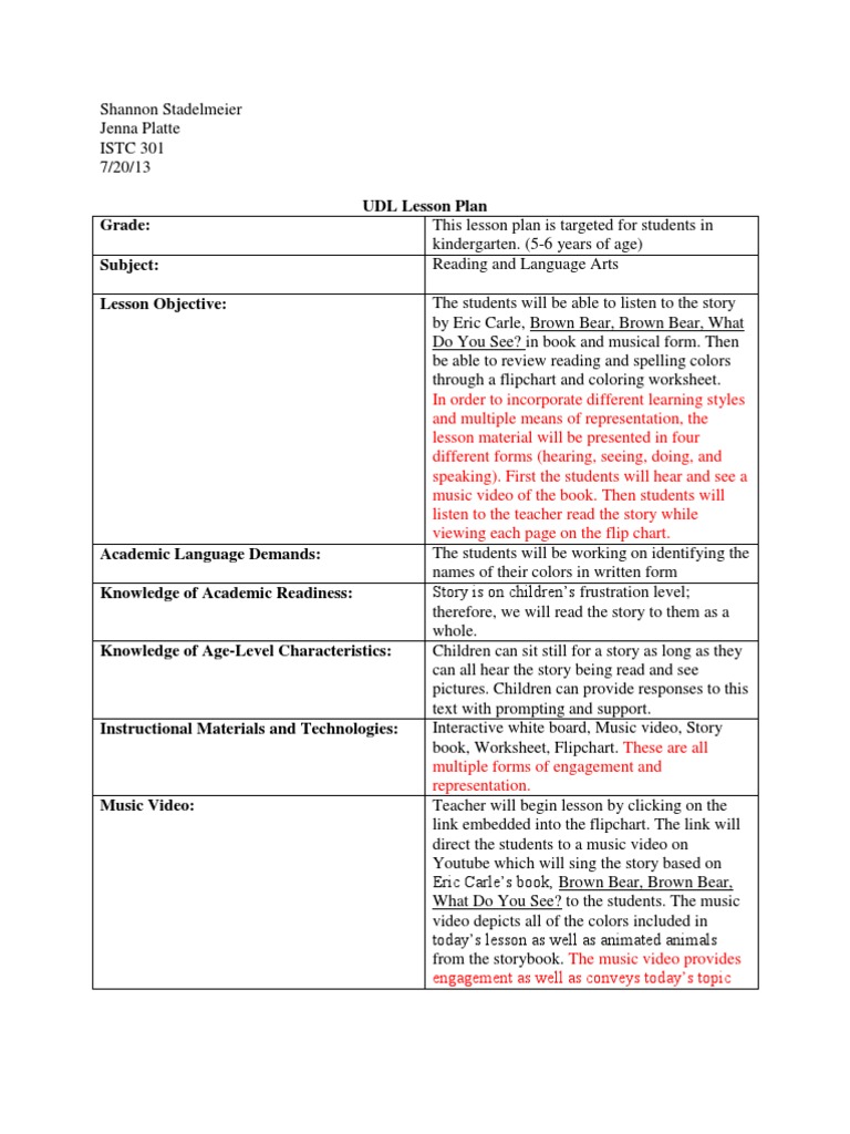 Brown Bear UDL Lesson Plan | PDF | Learning Styles | Lesson Plan