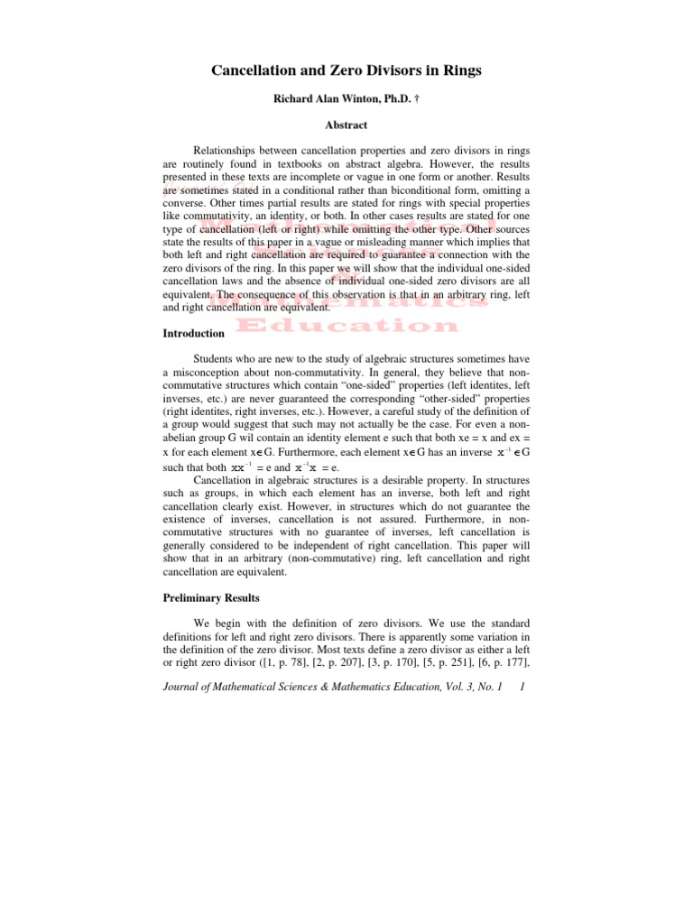Cancellation and Zero Divisors in Rings | PDF | Ring (Mathematics ...