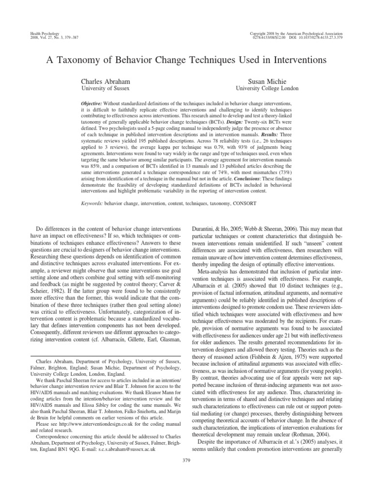 Charles Abraham Michie 2008 Taxonomy Paper | PDF | Behavior | Psychology