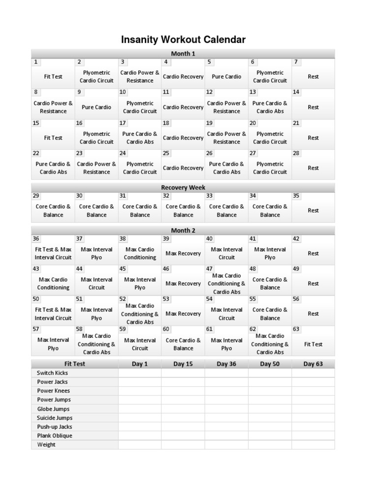 Insanity Workout Calendar Overview | PDF | Individual Sports | Weight ...