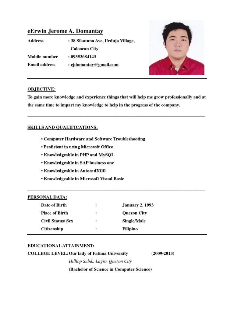 Resume of Erwin Jerome Domantay | PDF
