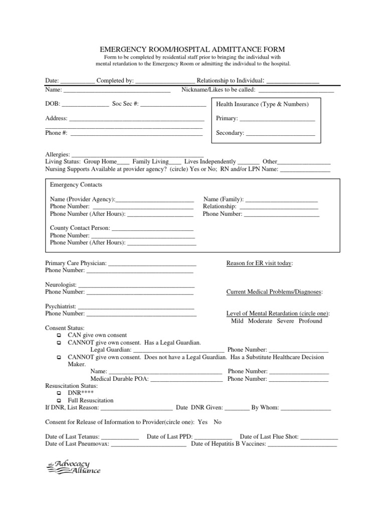 Emergency Room Form | Emergency Department | Surgery