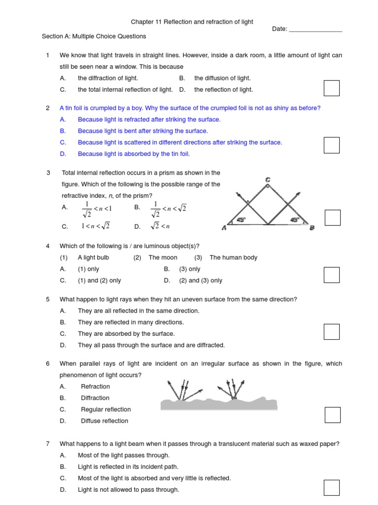 Light Reflection and Refraction Quiz | PDF | Reflection (Physics ...