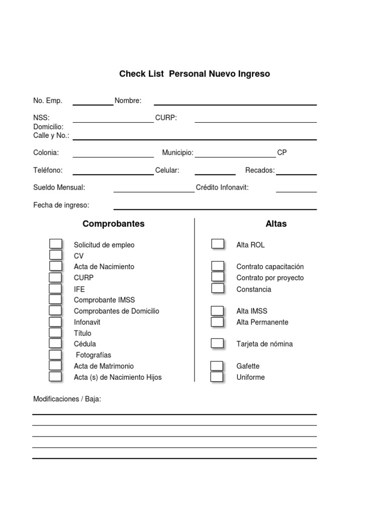 Check List Personal Nuevo Ingreso 1