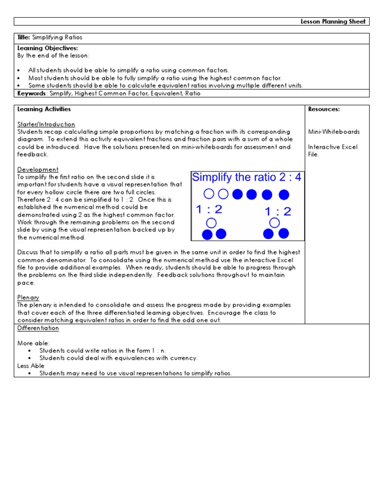 Simplifying Ratios Lesson Plan | PDF | Teaching Methods & Materials