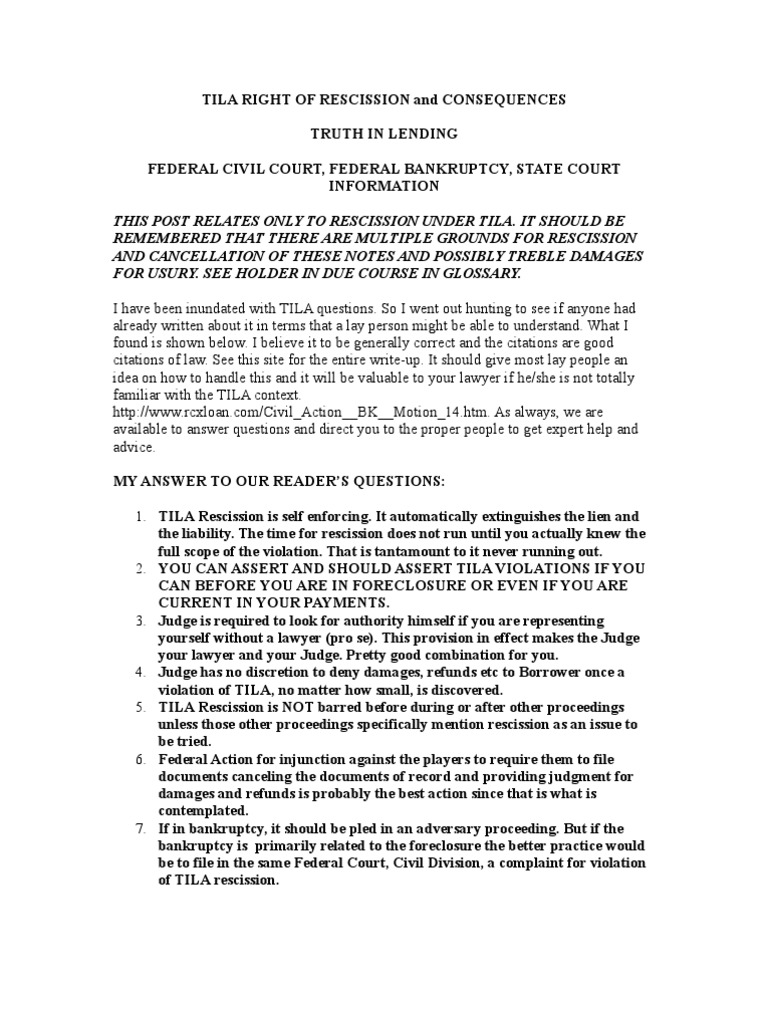 Tila, Recission, and Truth in Lending Arguments | PDF | Truth In ...