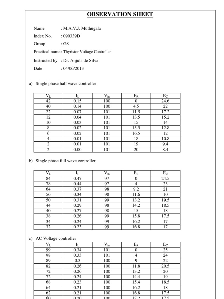 Observation Sheet: Thyristor Voltage Controller | PDF
