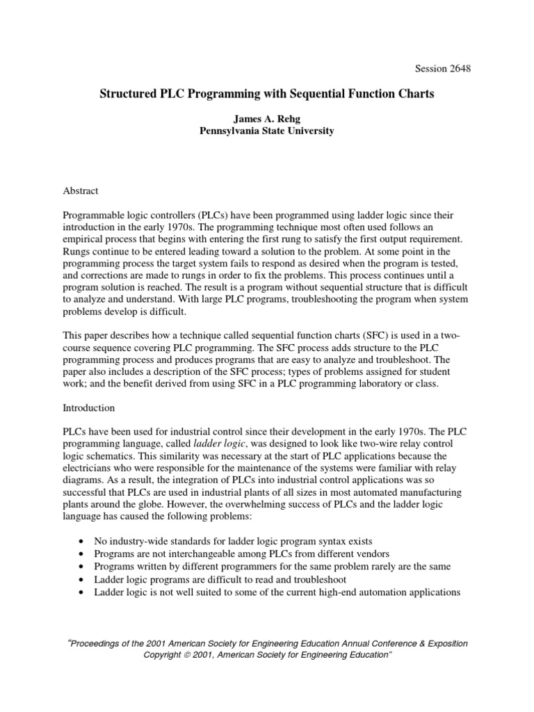 Structured PLC Programming With Sequential Function Charts: James A. Rehg Pennsylvania State ...