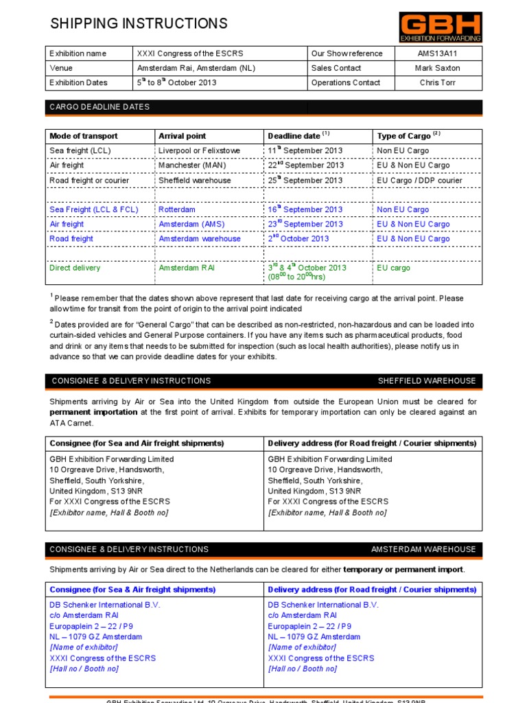 ESCRS GBH Shipping Instructions | PDF | Cargo | Packaging And Labeling