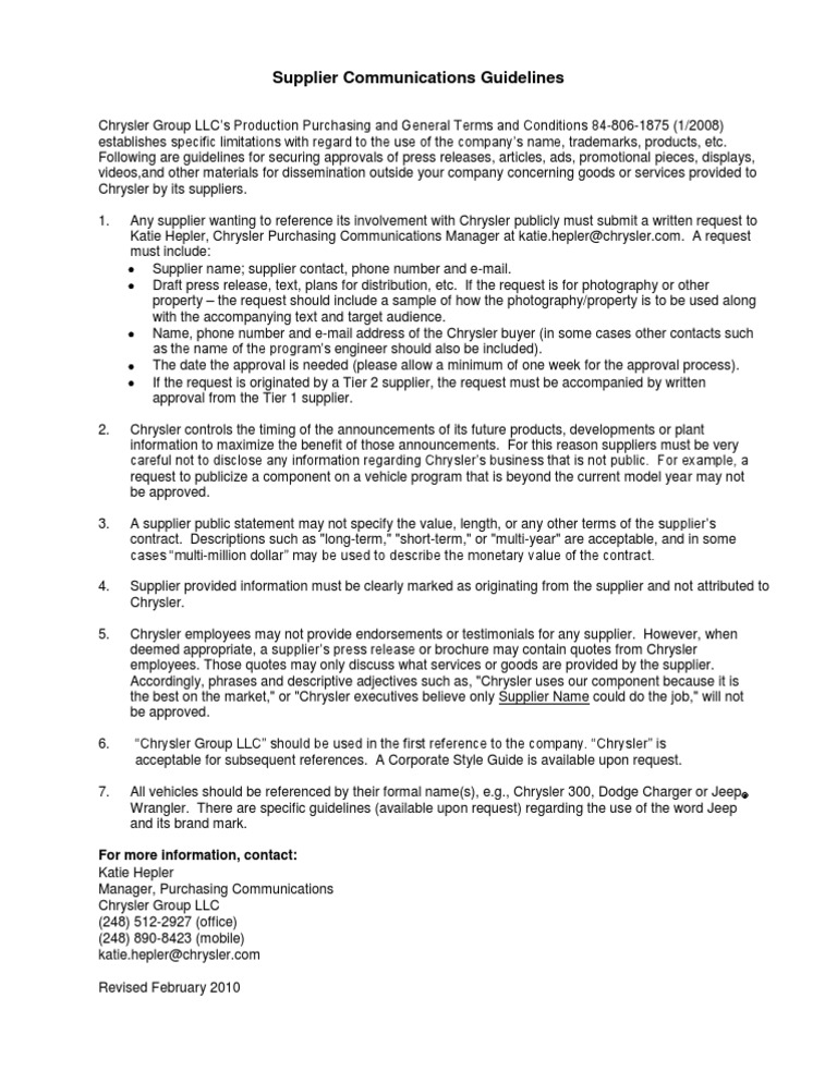 Supplier Communications Guidelines: For more information, contact