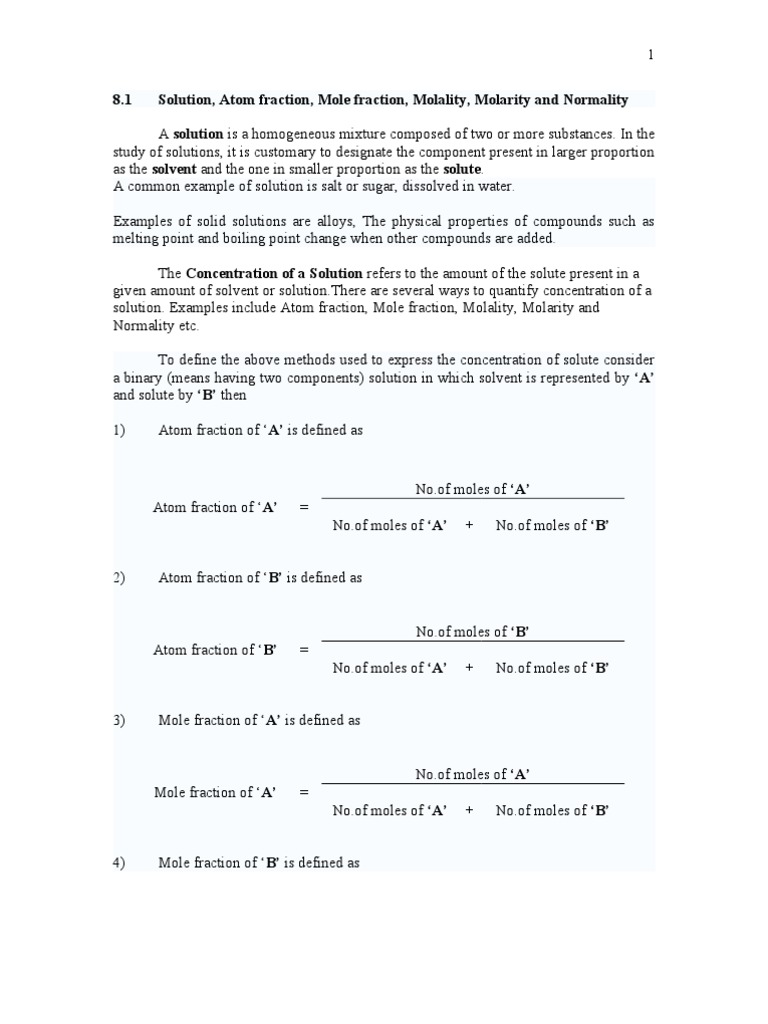 8.1 Solution, Atom Fraction, Mole Fraction, Molality, Molarity and ...