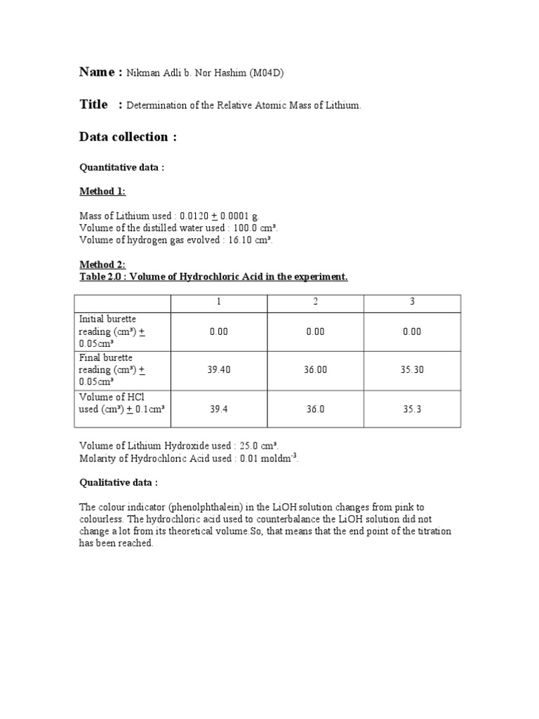 Determination of the Relative Atomic Mass of Lithium Using Titration ...