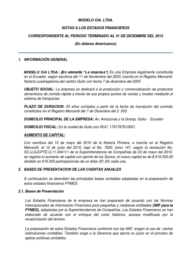 Notas A Los Estados Financieros | PDF | normas internacionales de INFORMACION FINANCIERA ...