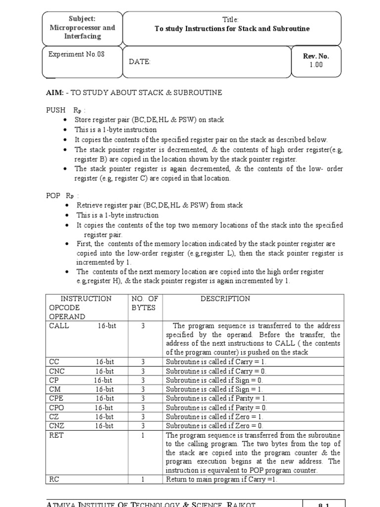 Practical 8 Call and Subroutine | PDF | Subroutine | Instruction Set