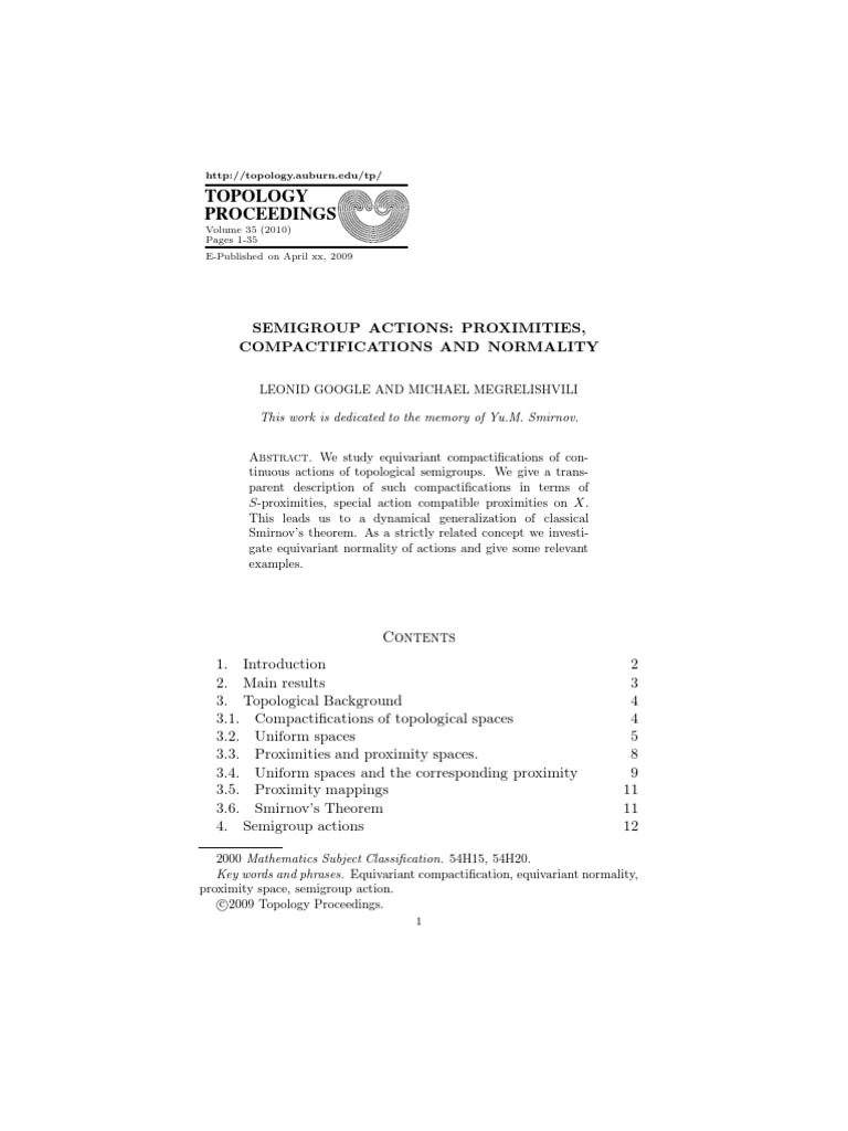 Topology Proceedings: Semigroup Actions: Proximities, Compactifications and Normality | PDF ...