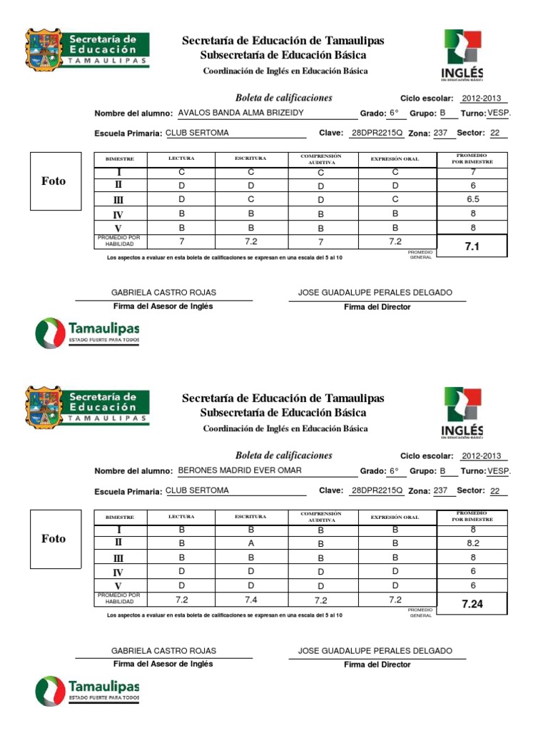 Boletas inglés | PDF | Educación primaria | Estudiantes