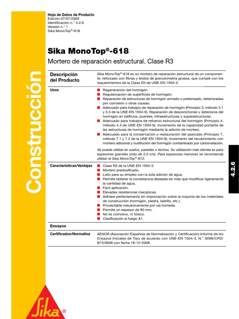 Mortero Reparación Sika MonoTop-618 | PDF | Hormigón | Revestimiento