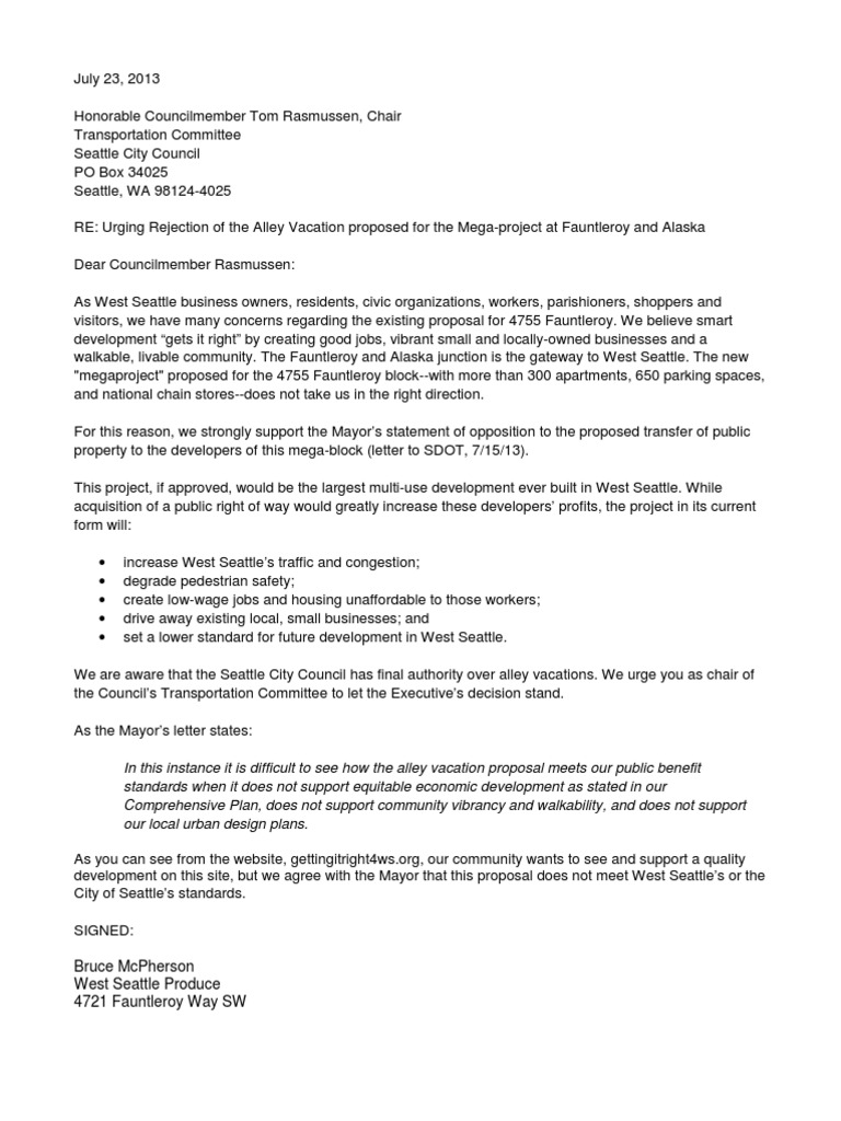 "Getting It Right For West Seattle" Letter To Councilmember Rasmussen ...