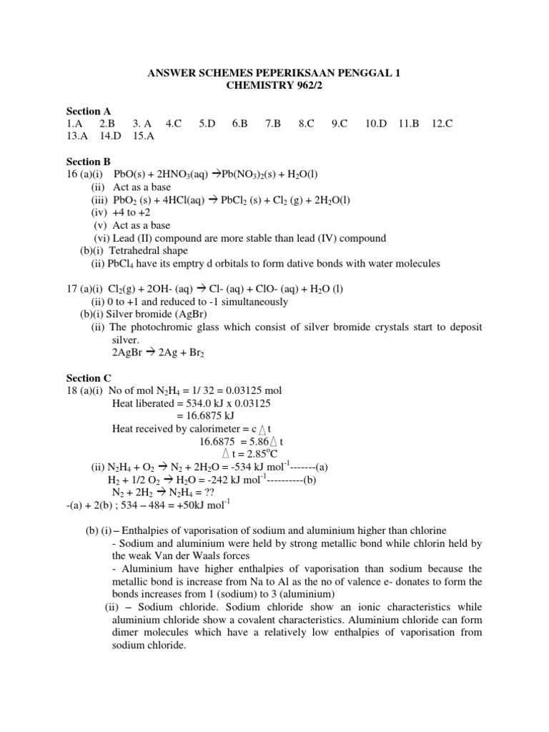 Answer Schemes Peperiksaan Penggal 1 Kimia | PDF | Hydrogen | Sodium