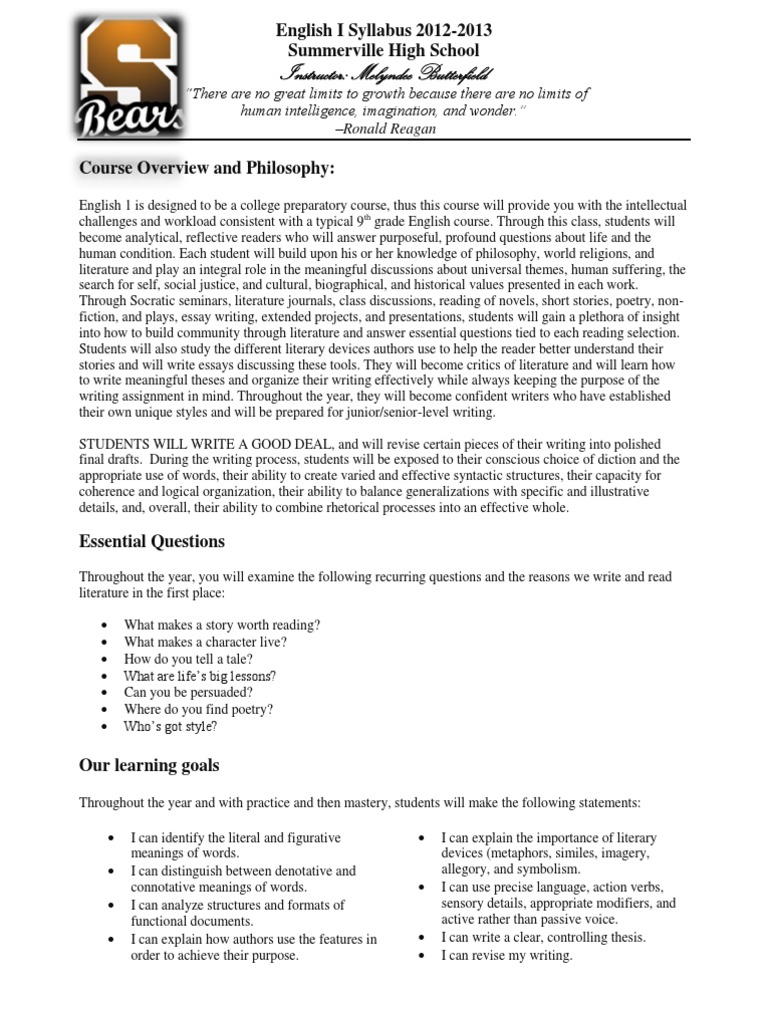 English I Syllabus Overview 2012-2013 | PDF | Homework | Test (Assessment)