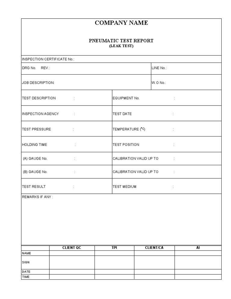 Pneumatic Leak Test Report Template | PDF | Technology & Engineering