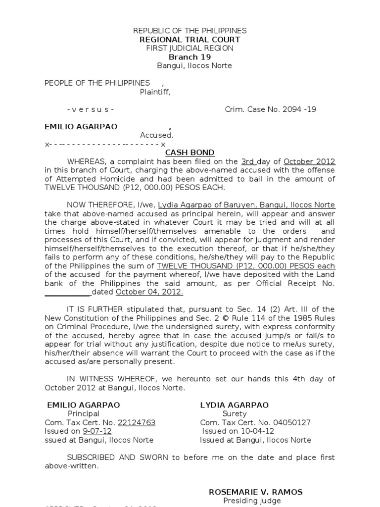 Cash Bond Form | PDF | Bail | Complaint