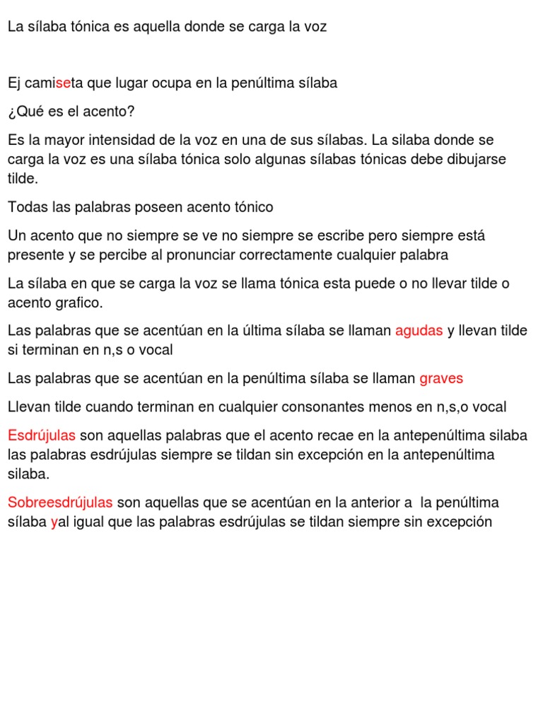 Acento y sílaba tónica en español | PDF