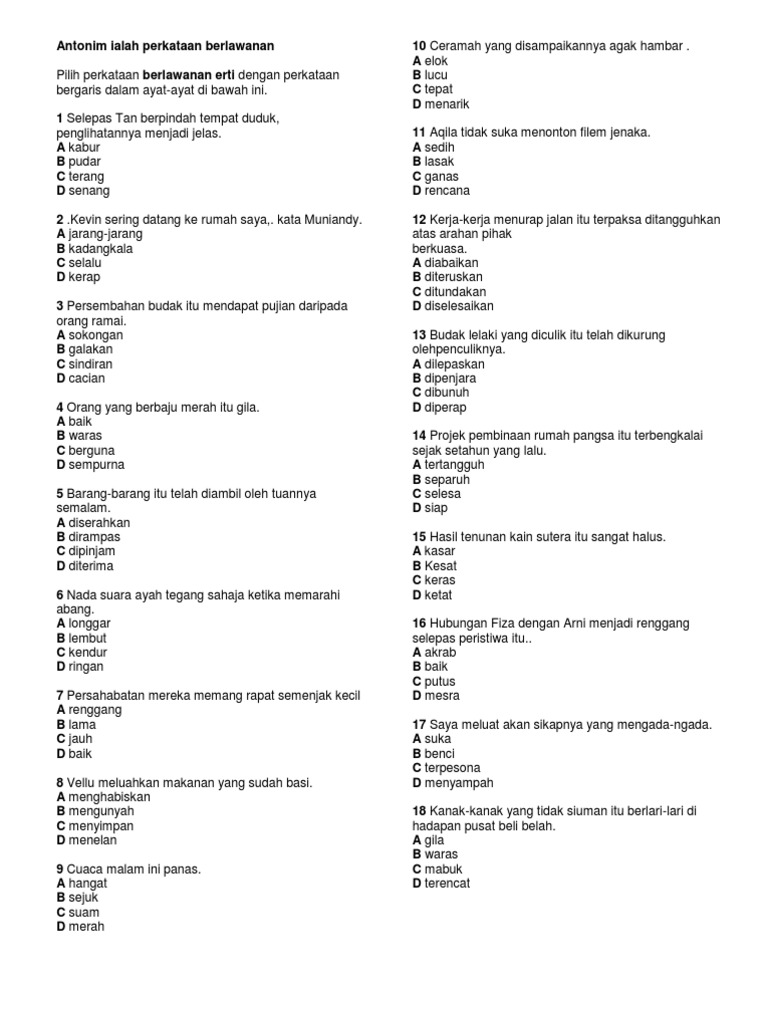 Antonim Ialah Perkataan Berlawanan | PDF