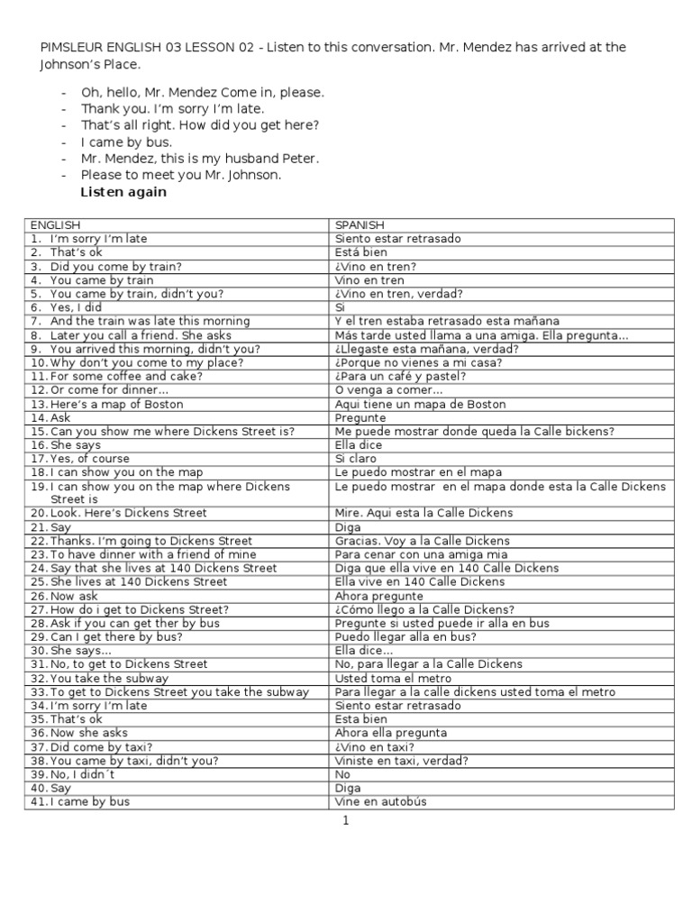 Lección número 02 de Pimsleur English for Spanish Speakers Nivel 3 ...