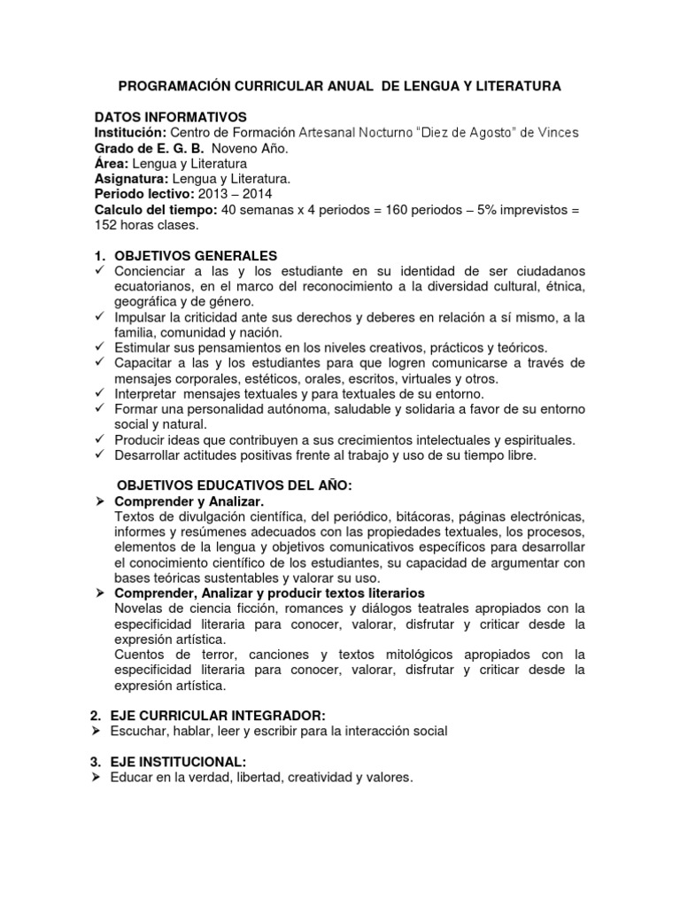 Plan Curricular Anual de Lenguaje 9no | PDF | Teatro | Science