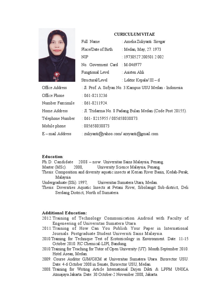 CV Ameilia Zuliyanti Siregar | PDF | Rice | Agriculture