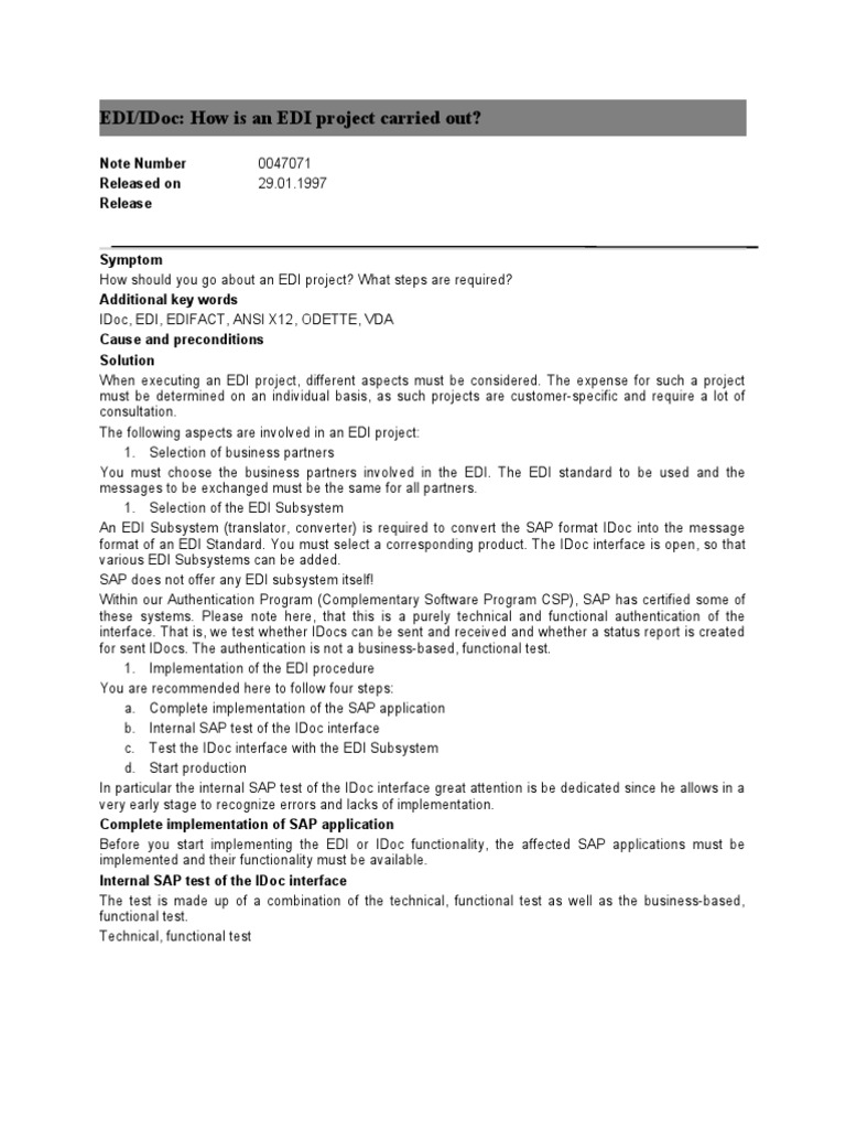 Edi/Idoc: How Is An Edi Project Carried Out?: Note Number Released On ...