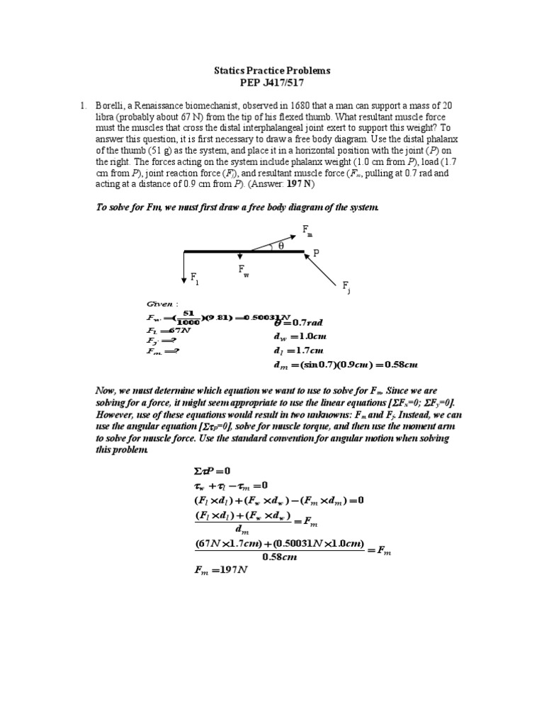 Statics Practice Problems - Solutions | PDF | Torque | Force