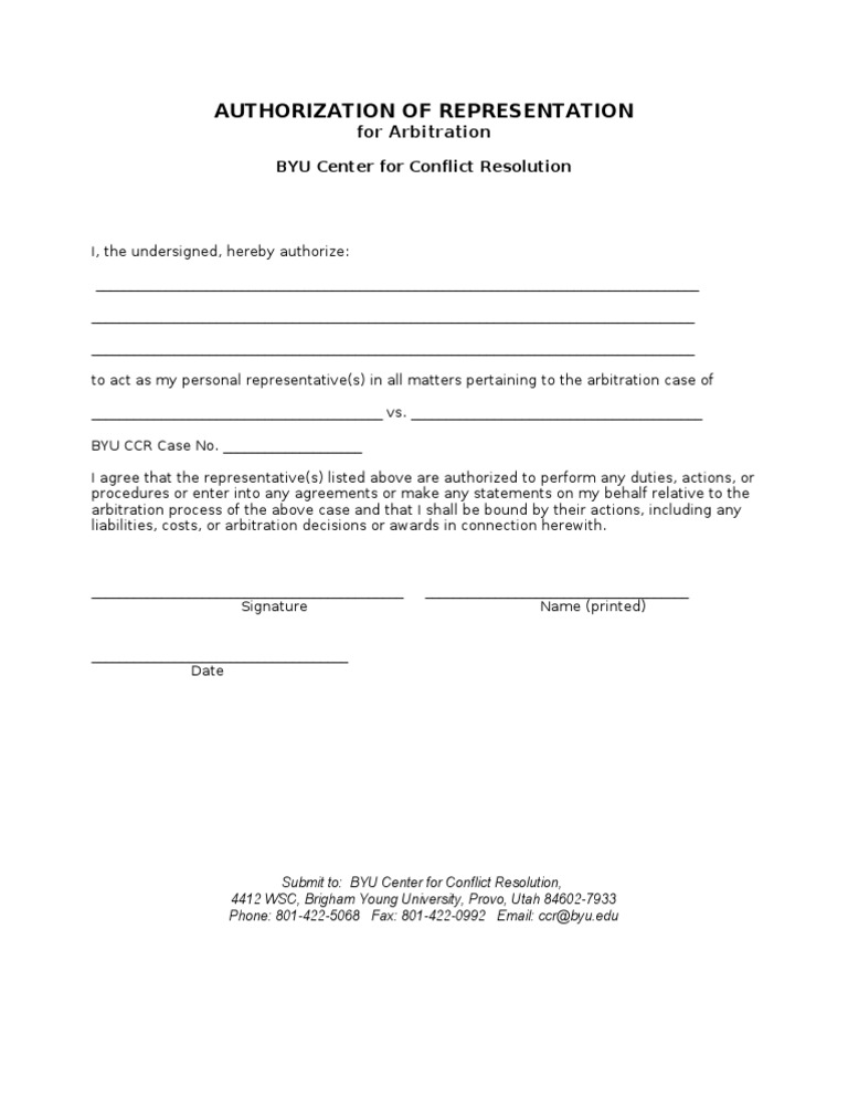 Arbitration Representation Authorization Form | PDF