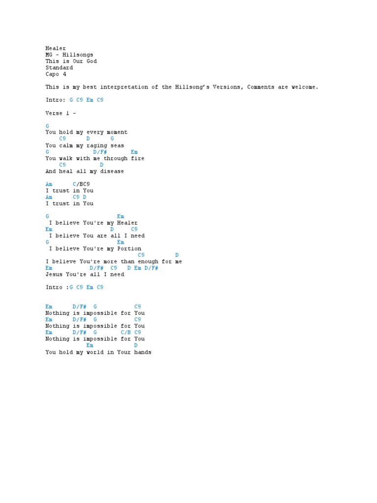 Hillsong "Healer" Chords and Lyrics | PDF