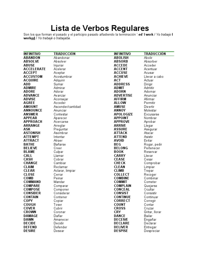 Lista de Verbos Regulares