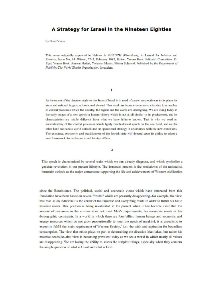 A Strategy For Israel in The Nineteen Eighties-Oded Yinon | PDF