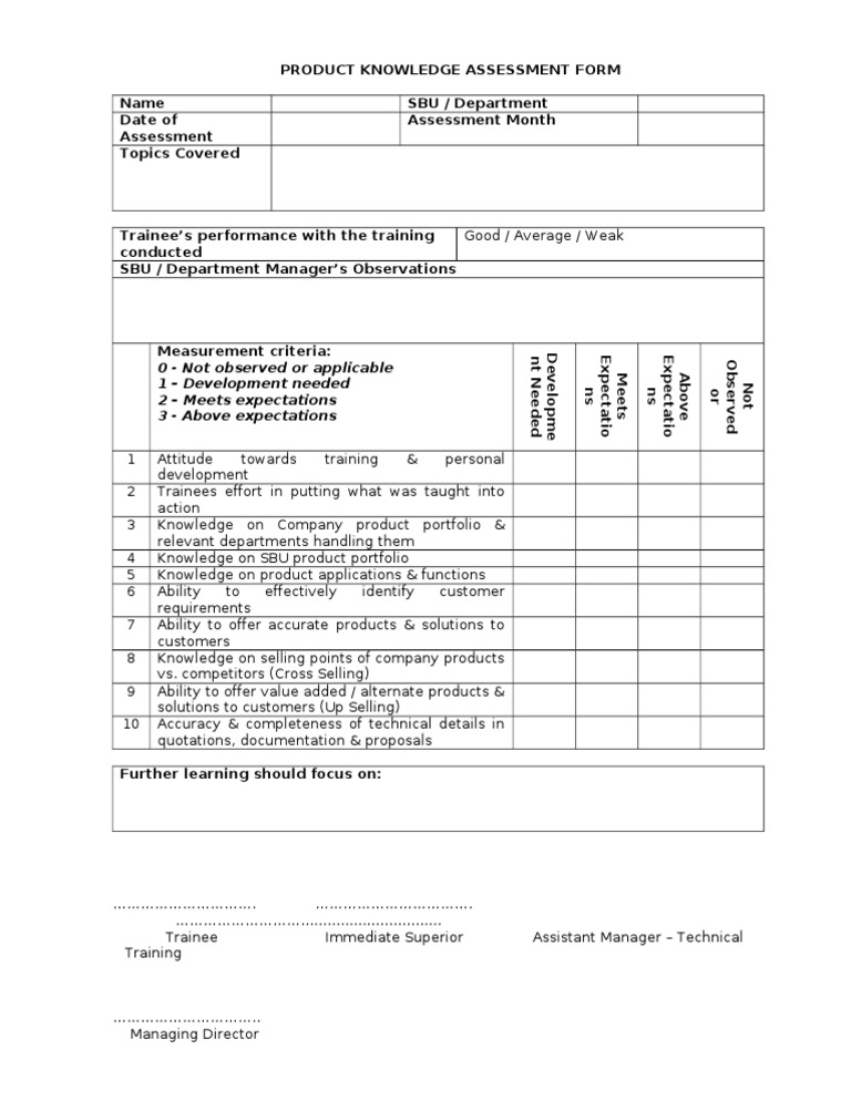 Product Knowledge Assessment Form | PDF